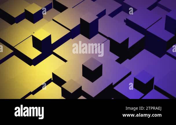 Abstract background with moving blocks and yellow and purple lights on ...