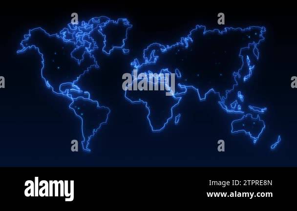 Digital Technology World Map Animation. Glowing Connections in Global ...