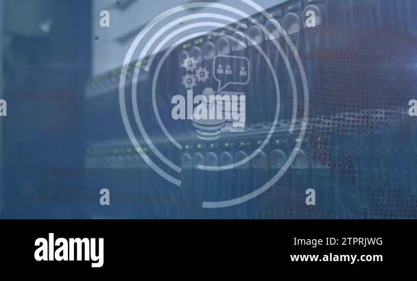 Animation of multiple digital icons and light spot against close up of ...