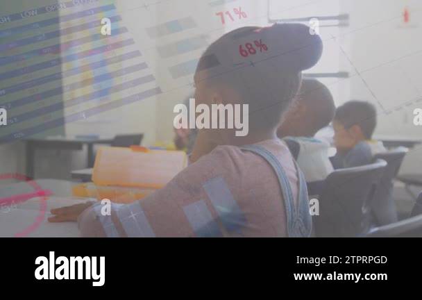 Animation of infographic interface over diverse students and teacher ...