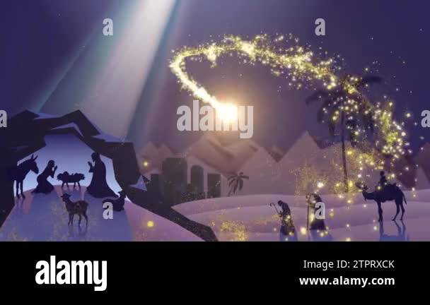 Animation of shooting star over christmas nativity scene in winter ...
