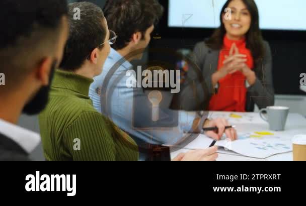 Animation of padlock in circle over diverse woman sharing ideas with ...