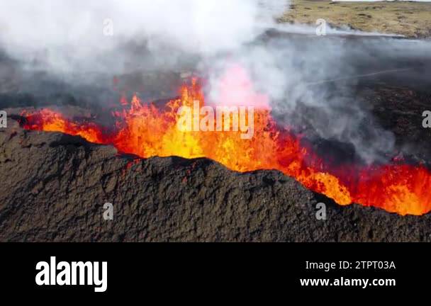 Drone aerial video of Iceland Volcanic eruption 2023. The volcano Litli ...