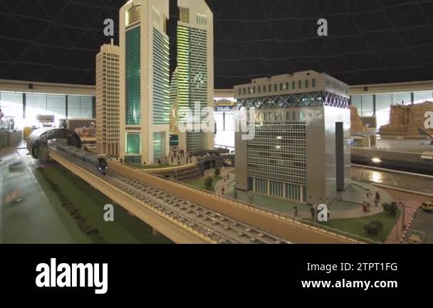 Exhibition of mock-ups Dubai subway near skyscrapers made of Lego ...