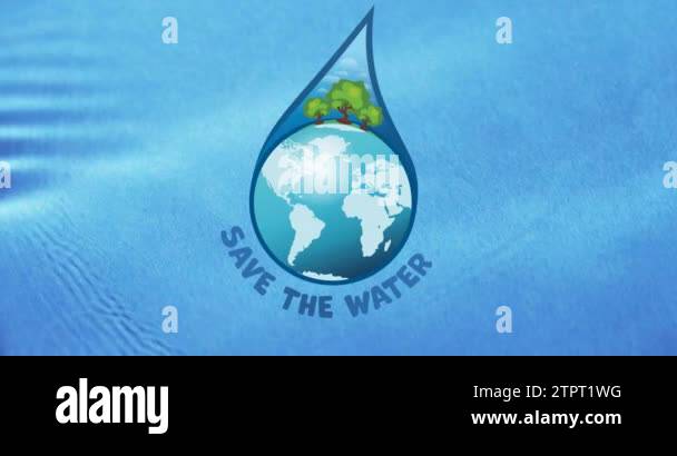 Animation of save water text and globe in water droplet on blue ...