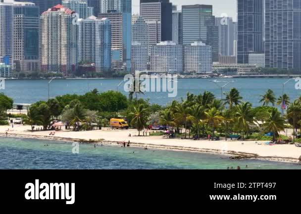 Urban landscape of Hobie Island Beach Park on Virginia Key and downtown ...