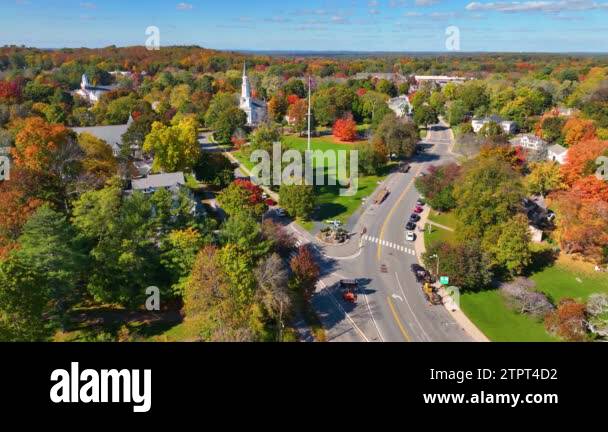 Lexington town center aerial view in fall on Lexington Common and First Parish Church, town of ...