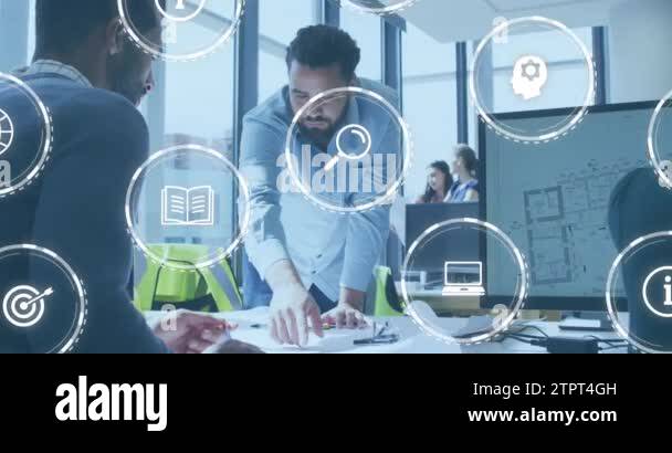 Animation of icon in circles over diverse architects discussing about ...