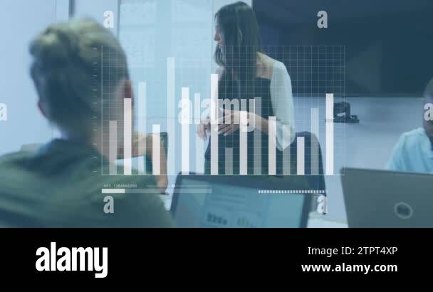 Animation of statistical data processing against biracial woman giving a presentation at office ...