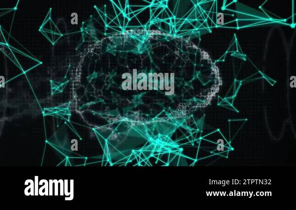 Animation of human digital brain and connected dots forming geometric shapes over black ...