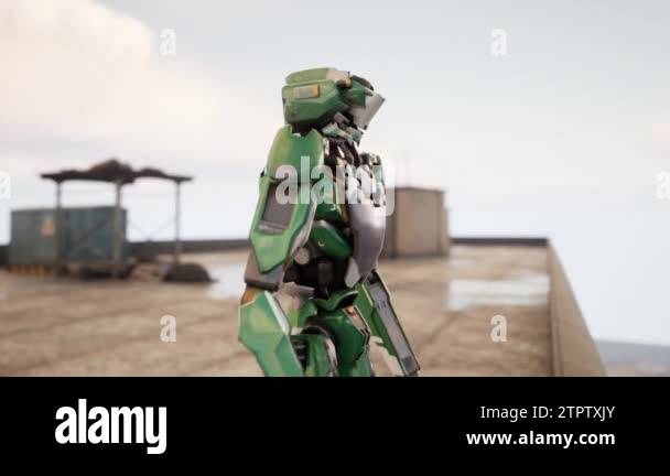 robot on the roof of a skyscraper looking at the metropolis. 3d ...