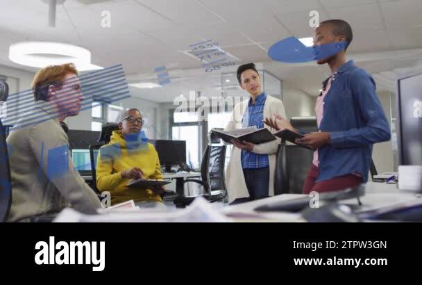Animation of infographic interface and multiracial coworkers discussing ...