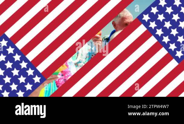 Animation of flag of usa over diverse senior friends on beach in summer ...