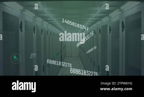 Animation of multiple changing numbers and digital icons floating against computer server room ...