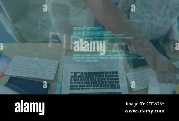 Animation of firewall text and computer language over diverse female ...