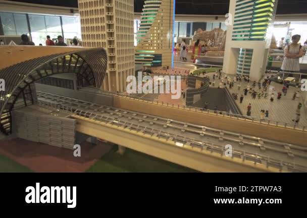 Exhibition of mock-ups Dubai subway near skyscrapers made of Lego ...