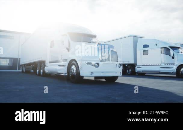 Logistics center with white 3d model of trucks. Logistic, transport and ...