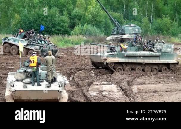 Squad of strikeball team with machine submachine guns on panze Stock ...