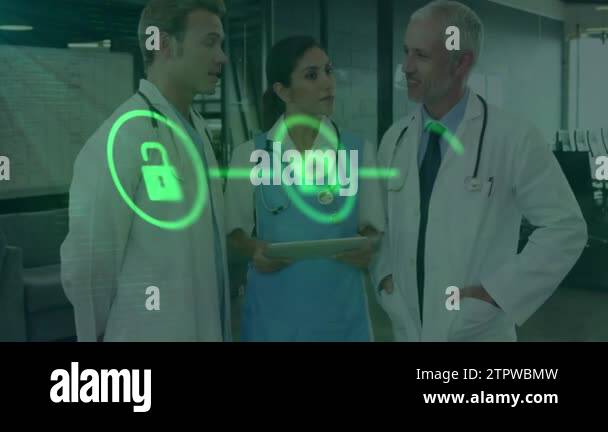Animation of flowchart of icons over diverse doctors standing and ...