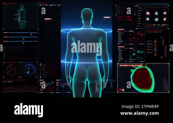 Female body scanning muscle structure in digital display dashboard. X ...