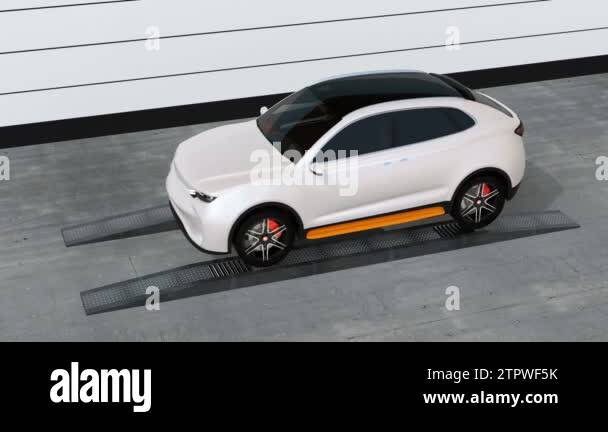 Electric SUV car exchange battery in battery swapping station. Fast ...