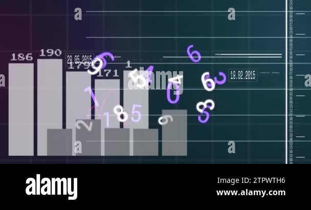 Animation of changing numbers floating over statistical data processing against blue background ...
