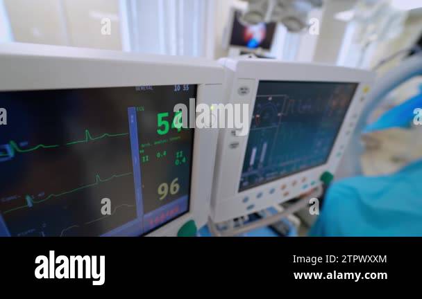 Two medical monitor in emergency department. ECG monitor in operation ...