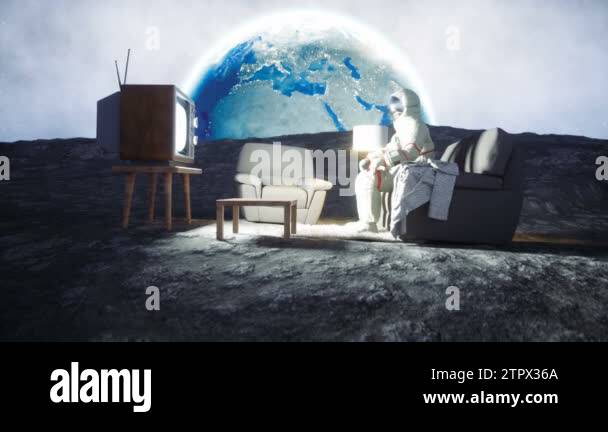 Astronaut home on the moon watching tv . Realistic 4k animation Stock ...