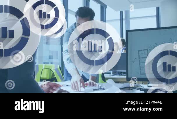 Animation of graph icon in circles over diverse architects discussing ...