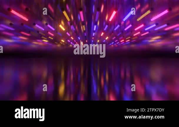 Flashing Pulsating Neon Glowing UV Lights Hang Above Mirror Surface ...