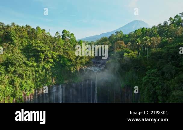 Aerial view of Panorama Tumpak Sewu Waterfalls also known as Coban Sewu.Beautiful rainbow and ...