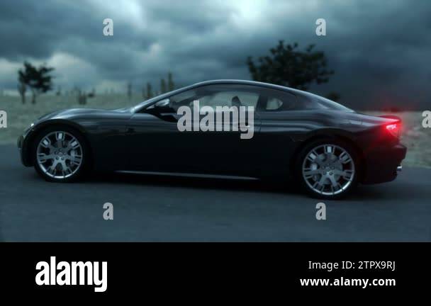 Black sport car on road, highway. Dark environment. Super realistic 4K ...