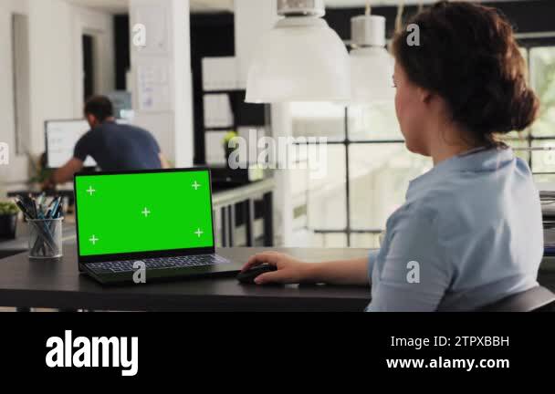 Manager Working With Greenscreen On Laptop Checking Isolated Mockup