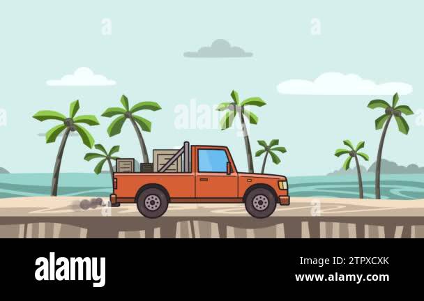 Animated red pickup truck with boxes in the trunk riding on the beach ...