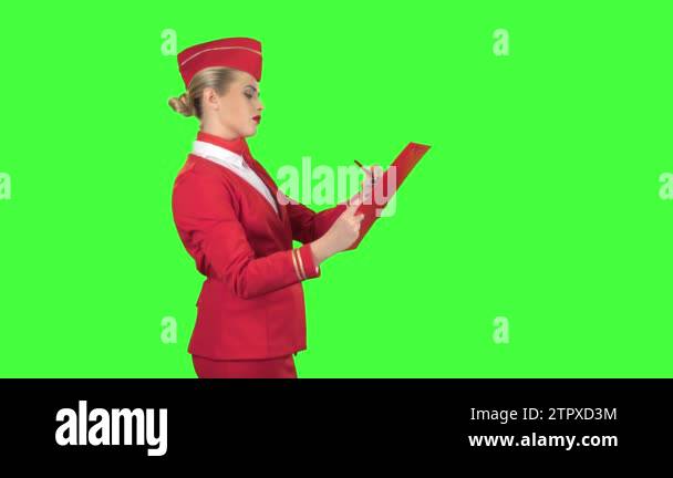 Girl writes a pen in a special folder, she is a flight attendant. Green ...