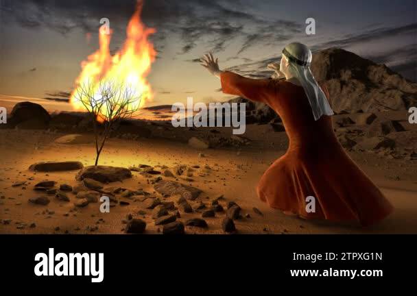 Moses and the burning bush. Story of book of exodus in bible. The shrub ...