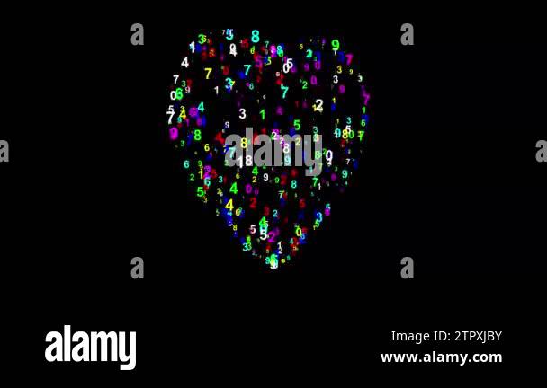 Spinning 3d heart shape with colorful digital numbers on plain black ...