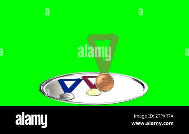 Gold, silver and bronze medals award ceremony isolated on green screen ...