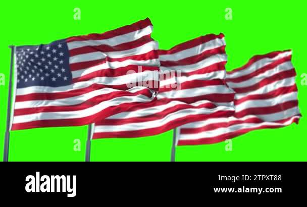 three american USA flag with pole, stars and stripes, united states of ...