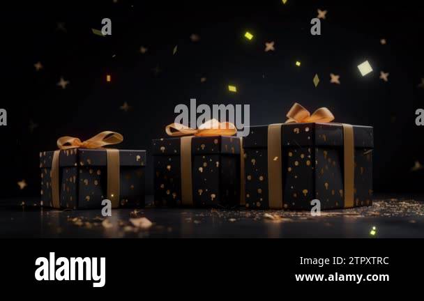 Black and gold gift boxes on black background with highlights. Banner ...