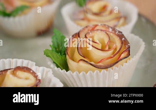 Dough pastries, ready-made puff pastry rosettes with apples and mint ...
