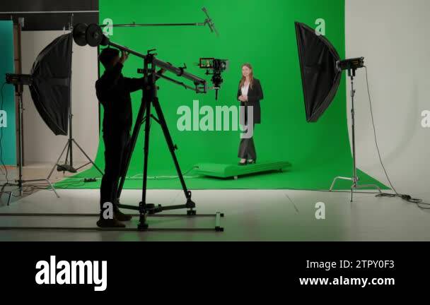 News anchor at work, woman journalist presenter telling breaking news ...