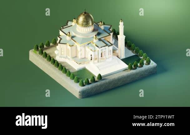 3d animation loop of isometric view of mosque in cartoon style with ...