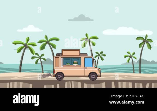 Animated food truck riding on the beach. Moving vehicle on seascape ...