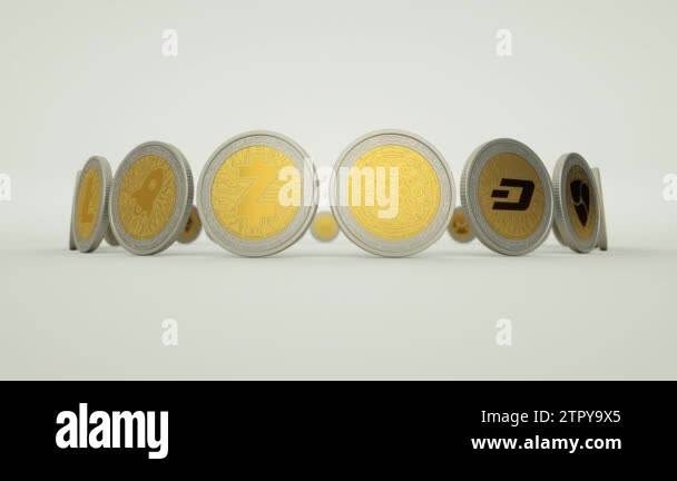 Seamlessly looping animation of crypto coins grouped in a circle on ...