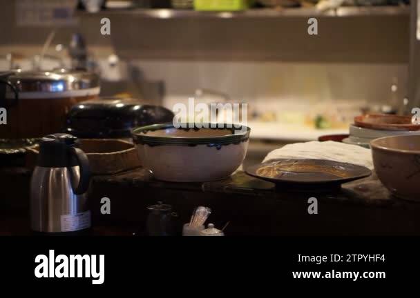 Normal Japanese local lunch set style restaurant bar with open kitchen ...