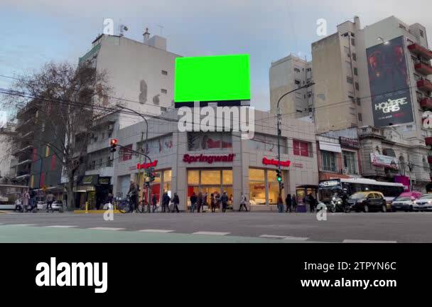 Billboard with Green Screen at the Intersection of an Avenue in Buenos Aires, Argentina. 4K ...
