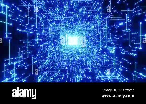 VJ, DJ loop. Cyberspace tunnel with particles and light paths ...