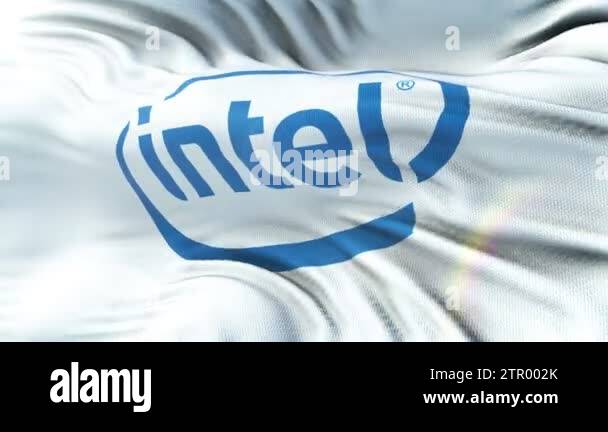 INTEL flag waving on sun. Seamless loop with highly detailed fabric ...