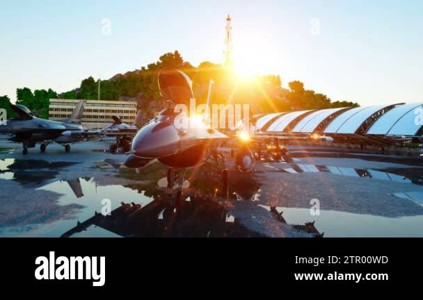 f 16 military fighter jet. military base. sunset. 3d animation Stock ...